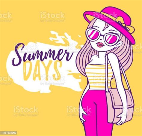 블라우스 핑크 모자 바지 핸드백선글라스를 입은 여름 소녀의 벡터 일러스트레이션 노란색 배경에 긴 머리 가방에 대한 스톡 벡터 아트 및 기타 이미지 Istock