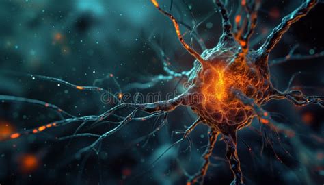 Neuron Cell With Electrical Impulses In Abstract Space Stock