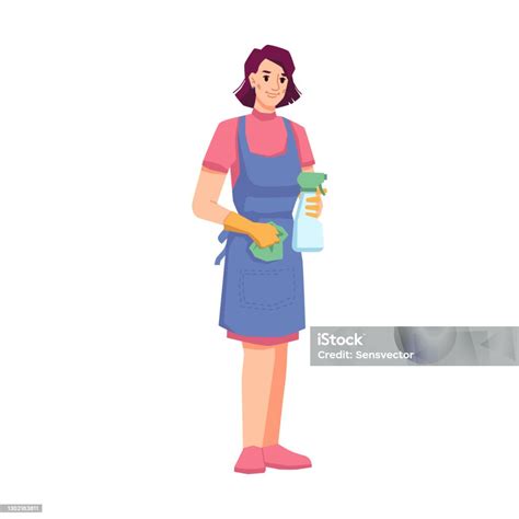 청소 회사에서 여성 천 고무 장갑과 공간을 정리하는 세제를 사용 하 여 집 호텔 또는 사무실을위한 고립 된 하녀 또는 관리인 위생 적 청결 만화 캐릭터 평면 벡터 먼지에