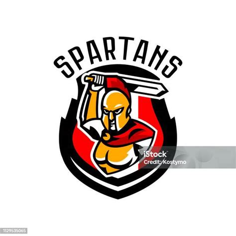 엠 블 럼 로고 배지 칼으로 스파르타 고 대 그리스 전사 황금 갑옷 Hoplite 코 린 트 헬멧 군인 방패 벡터 일러스트 레이 션 기사 사람의 역할에 대한 스톡 벡터 아트