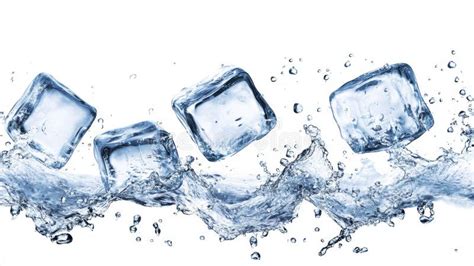 Four Ice Cubes Are Suspended In Water With Splashes And Droplets Stock
