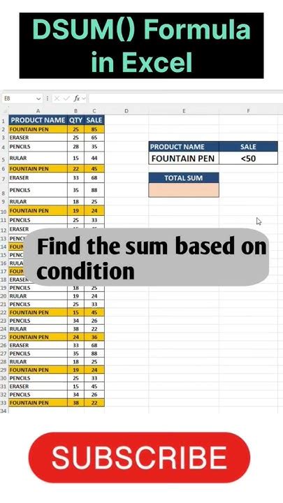 Dsum Formula In Excelexcel Dsum Functionexcelexcelformulashortsviralexceltutorial