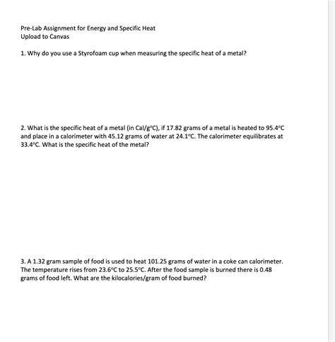 Solved Pre Lab Assignment For Energy And Specific Heat Chegg