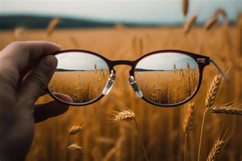 A Person Holding Up A Pair Of Glasses In A Field Of Wheat Generative Ai Image Stock