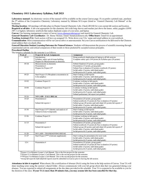1011lab Syllabus F2308 Chemistry 1011 Laboratory Syllabus Fall 2023 Laboratory Manual An