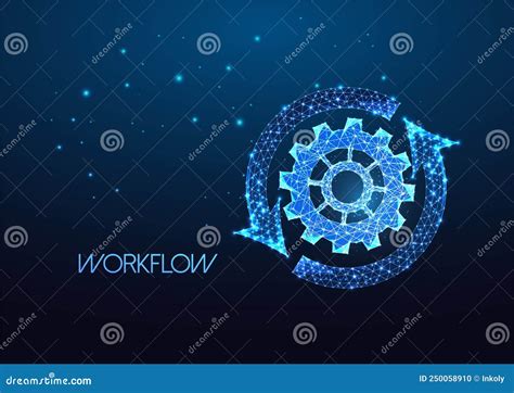 Concept Of Workflow Production With Cogwheel Gear And Cycle Arrows On Dark Blue Background
