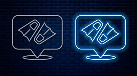 벽돌 벽 배경에 고립 된 수영 아이콘에 대한 빛나는 네온 라인 고무 오리발 다이빙 장비 익스트림 스포츠 다이빙 수중 장비 벡터 고무에 대한 스톡 벡터 아트 및 기타 이미지