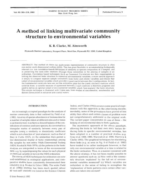 Clarke And Ainsworth 1993 A Method Of Linking Multivariate Community Structure To Environmental