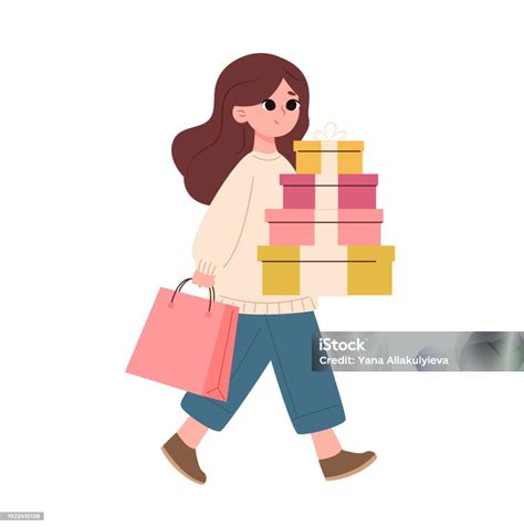 쇼핑백과 선물 상자를 가진 젊은 여자 만화 스타일의 벡터 일러스트 레이 션 고객에 대한 스톡 벡터 아트 및 기타 이미지 고객 구매 귀여운 Istock
