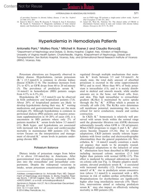 Hyperkalemia In Hemodialysis Patients Seminars In Dialysis
