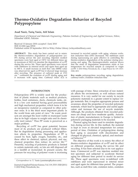 Pdf Thermo Oxidative Degradation Behavior Of Recycled Polypropylene