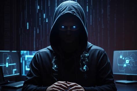 Mysterious Hacker In Dark Hoodie Working On System Breaches In A Dimly