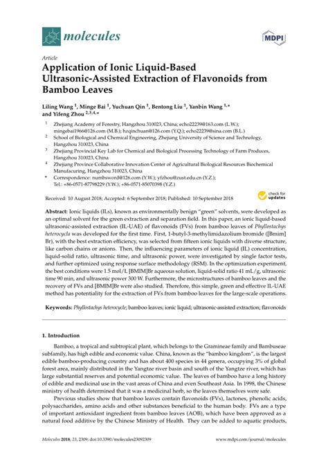 Pdf Application Of Ionic Liquid Based Ultrasonic Assisted Extraction Of Flavonoids From Bamboo