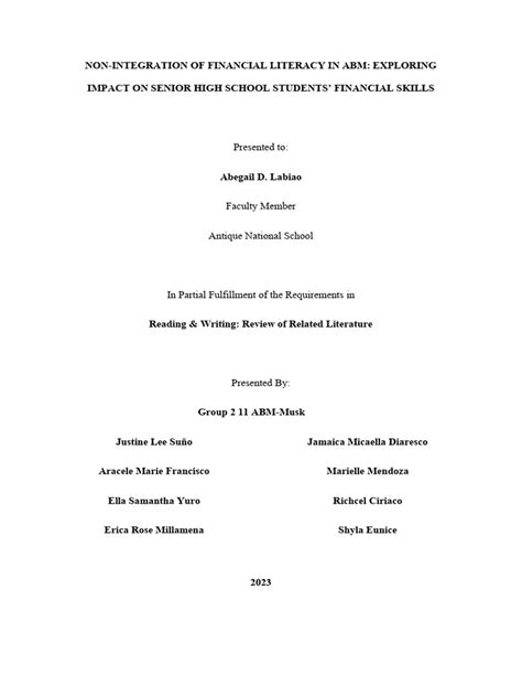 Read And Writing Rrl Pdf Financial Literacy Literacy