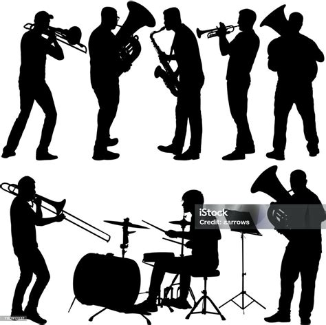 흰색 바탕에 트 롬 원 드러 머 튜 바 트럼펫 색소폰을 연주하는 음악가의 세트 실루엣 플루트 연주자에 대한 스톡 벡터 아트 및 기타 이미지 Istock