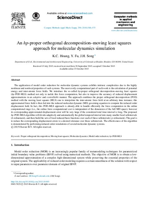 Pdf An Hp Proper Orthogonal Decomposition Moving Least Squares Approach For Molecular Dynamics