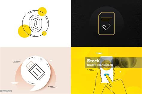 Minimal Set Of Checked File Fingerprint And Working Hours Line Icons For Web Development Vector