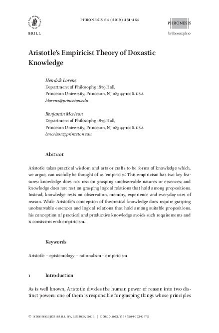 Pdf Aristotles Empiricist Theory Of Doxastic Knowledge