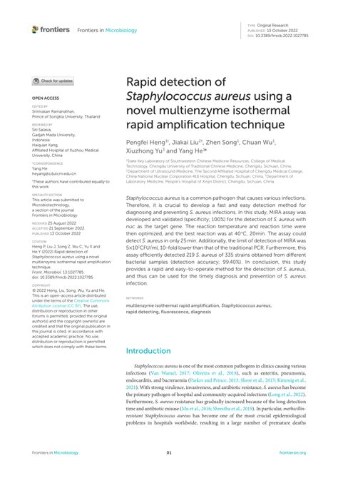 Pdf Rapid Detection Of Staphylococcus Aureus Using A Novel