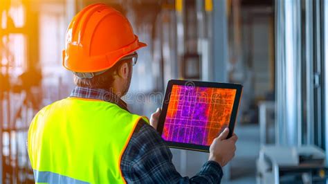 Construction Engineer Using Digital Tablet With Augmented Reality Thermal Image Visualization