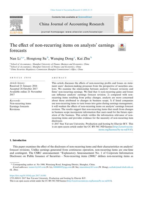 Pdf The Effect Of Non Recurring Items On Analysts Earnings Forecasts