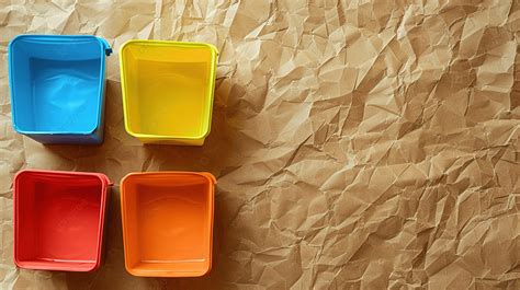 갈색 종이 배경에 세 개의 다양한 색상의 플라스틱 용기 갈색 평평한 바구니 배경 일러스트 및 사진 무료 다운로드 Pngtree