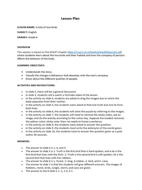 Lesson Plan Grade 6 English A Pact With The Sun A Tale Of Two Birds Pdf Cognition