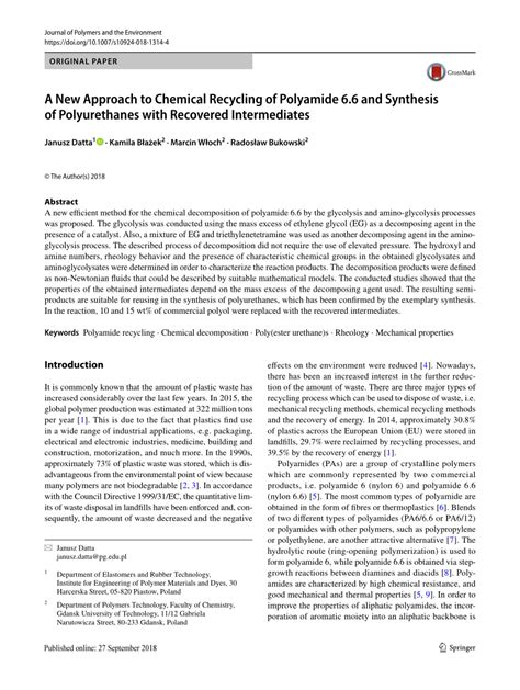 Pdf A New Approach To Chemical Recycling Of Polyamide 66 And Synthesis Of Polyurethanes With