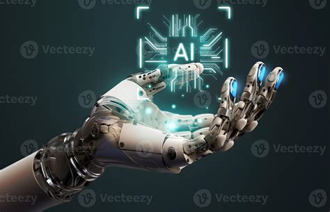 Ai Humanoid Hand Holding Ai Logo On Microchip Hologram Future Cybernetic Artificial