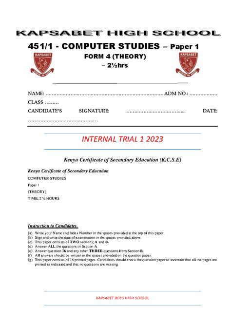 Kcse Computer Studies Paper 1 Theory Questions Internal Trial 2023