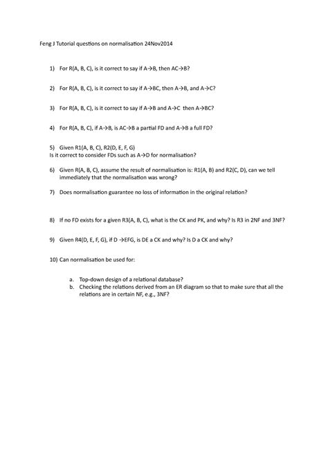 Feng J Simple Tutorial Questions On Normalisation Nov Feng J Tutorial Questions On Studocu