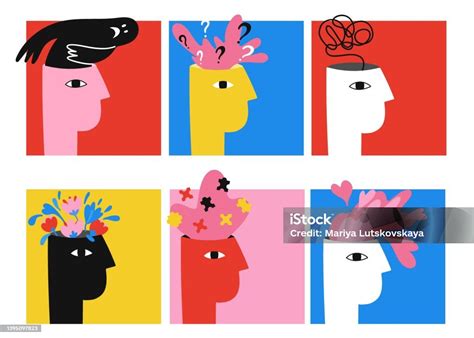 정신 건강 심리학과 자기 관리 긍정적이고 부정적인 생각 추상적 인 인간의 머리 포스터와 카드 세트 상상력과 영감 벡터 만화 플랫