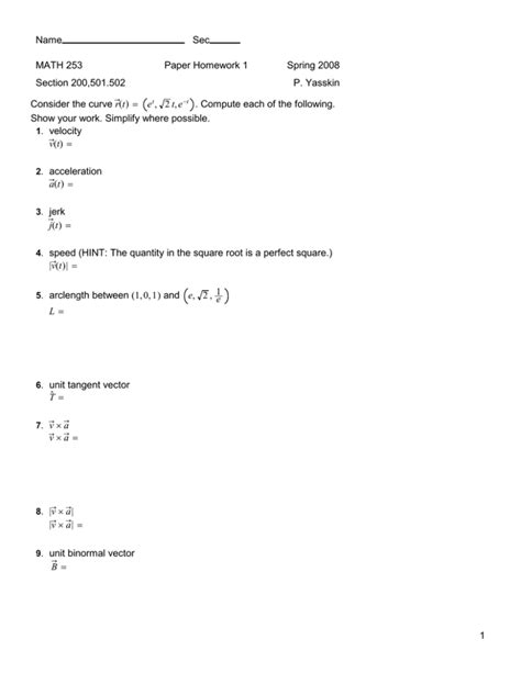 Name Sec Math 253 Paper Homework 1