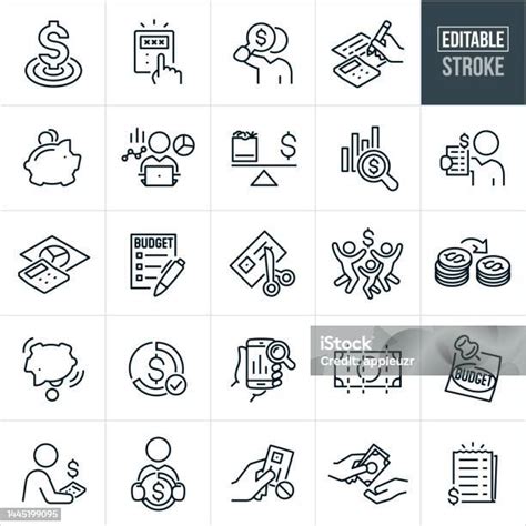 가는 선 아이콘 예산 편집 가능한 획 아이콘에는 예산 예산 재정 개인 예산 재정 예산 저축 비용 사람 사람 재정 목표 지출 재무 수치 계산기 돼지 저금통이 포함됩니다