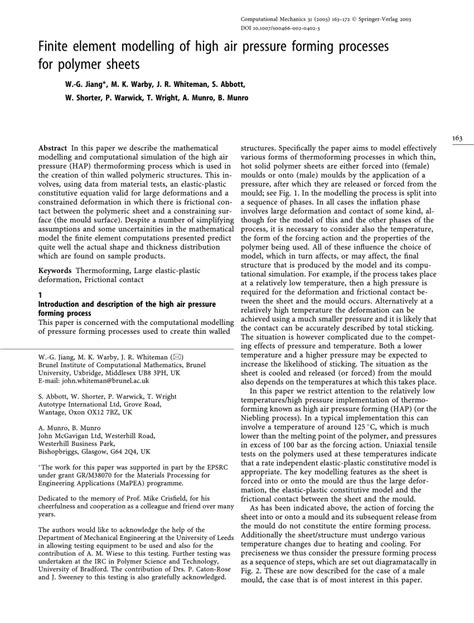 Pdf Finite Element Modelling Of High Air Pressure Forming Processes For Polymer Sheets