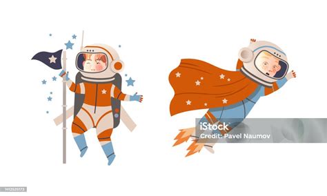 우주에서 제트 팩으로 비행하는 우주복을 입은 소년들 우주 비행사가되기를 꿈꾸는 귀여운 아이들 벡터 일러스트 레이 션 과학에 대한 스톡 벡터 아트 및 기타 이미지 Istock