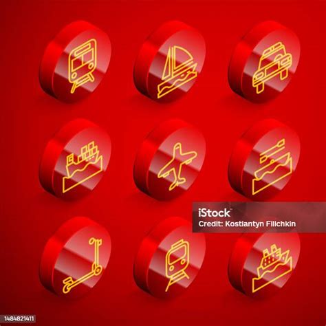 기차와 철도 요트 범선 경찰차 점멸 장치 상자 비행기 보트 노 스쿠터 및 아이콘이있는 화물선을 설정하십시오 벡터 3차원 형태에 대한 스톡 벡터 아트 및 기타 이미지 Istock