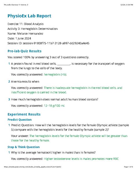 Physio Ex Exercise 11 Activity 3 Physioex Lab Report Exercise 11