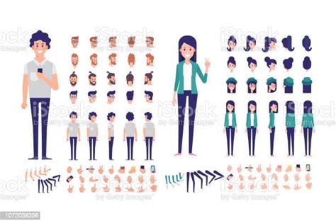 젊은 남자와 여자 창조와 다양 한 플레이 헤어스타일 포즈 제스처 설정 등장인물에 대한 스톡 벡터 아트 및 기타 이미지 등장