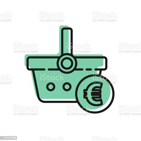 흰색 배경에 격리 된 검은 선 쇼핑 바구니와 유로 기호 아이콘입니다 온라인 구매 개념입니다 배달 서비스 장바구니 벡터 일러스트레이션 개념에 대한 스톡 벡터 아트 및 기타