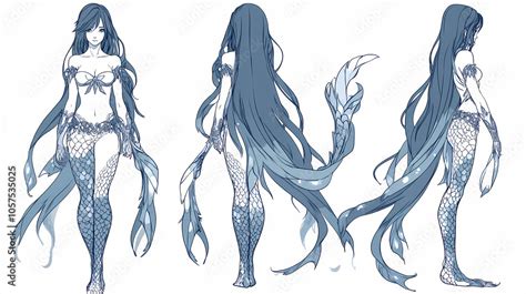 Female Character Sprite Sheet Anime Style Front Back Side View Water Nymph Illustration