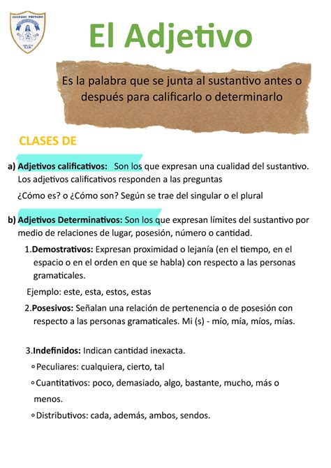 El Adjetivo El Adjetivo Es La Palabra Que Se Junta Al Sustantivo