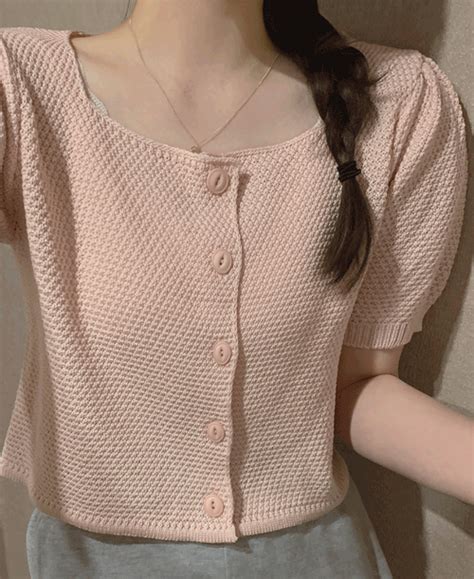 파스텔색감톡톡한소재 에그 여름 와플 스퀘어넥 크롭 파스텔 니트 반팔 가디건 2color 에이블리