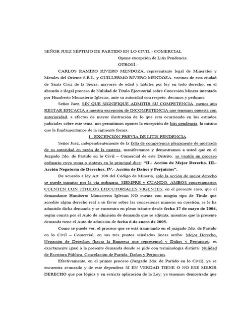 Excepción De Litis Pendencia Pdf Minería Anulación