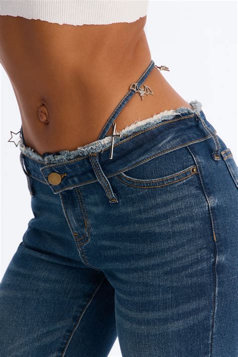 Dare Me Ultra Low Rise Charm Thong Bootcut Jeans Vintage Wash