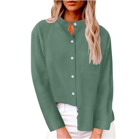 Womens Button Up Shirts 34 Sleeve Collarless Solid Color Loose Button