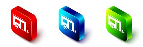 흰색 배경에 격리 된 Isometric Rv 캠핑 트레일러 아이콘 여행 모바일 홈 캐러밴 여행을위한 홈 캠핑 빨간색 파란색 및 녹색 사각형 버튼 벡터 고풍스런에 대한 스톡