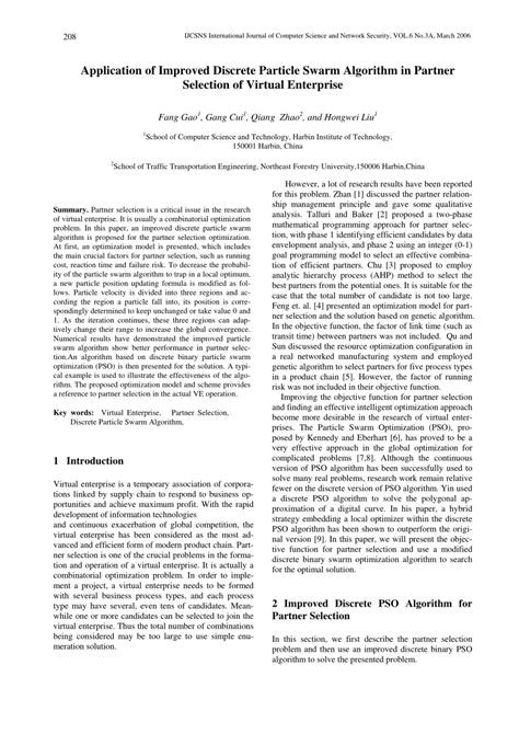Pdf Application Of Improved Discrete Particle Swarm Algorithm In