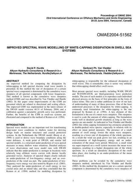 Pdf Improved Spectral Wave Modelling Of White Capping Dissipation In