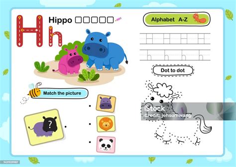 Alphabet Letter Hhippo Exercise With Cartoon Vocabulary Illustration